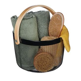 Relaxdays Corbeille en m&eacute;tal, Ronde, Panier de Rangement Aspect Maille et Bois, Organiser Cuisine, Salle de Bain, Noir