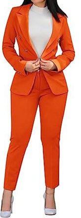Minetom Tailleur Femme 2 Pièces Elegant Couleur Unie Slim Fit Manche Longue Blazer Veste Formel Bureau Travail Pantalon Costumes A Orange XL