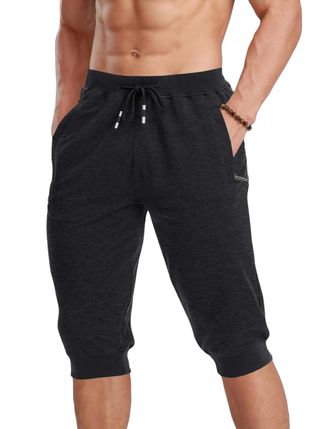 Magcomsen 3/4 Hose Herren Sommer Sportshort Baumwolle Kurz Laufhose M&auml;nner Leicht Bermuda Short Outdoor Fitness Capri Gummibund Atmungsaktiv Funktionshose Schwa