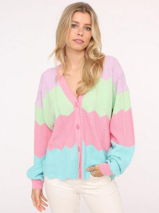 Zwillingsherz Strickjacke Block Wellen Langarm, V-Ausschnitt, Kn&ouml;pfe, Baumwolle, Wellenkante