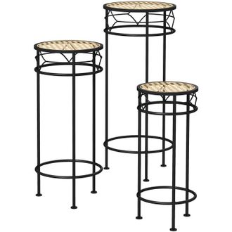 OUTSUNNY Lot de 3 supports pot de fleurs plateaux aspect rotin métal doré noir