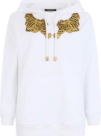 Roberto Cavalli Femme, Sweatshirts et sweats &agrave; capuche, Blanc, Taille: 42 FR SweaT-shirt &agrave; Capuche avec Broderie Tigre