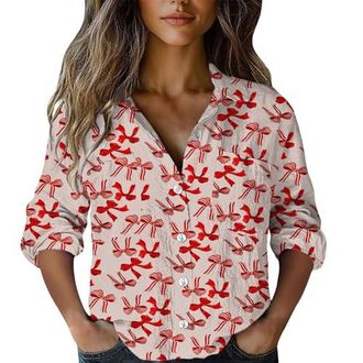 Generic Haut de Saint-Valentin pour femme avec col en V boutonn&eacute; &agrave; manches 3/4 - T-shirt tendance avec motif coeur damour - Tunique d&eacute;t&eacute; - Chemisier d&eacute;contrac