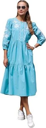 Generic Robe turquoise Vyshyvanka pour femme avec broderie florale | Robe longue en coton brodé à manches 3/4 | Mode ukrainienne moderne, turquoise, M