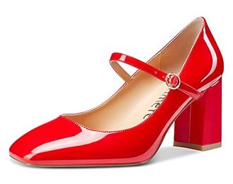 Castamere Femme Mary Jane Escarpins Bout Carr&eacute; Bloc Talons 7.5CM High Heels Pumps Rouge Vernis Chaussures EU 38
