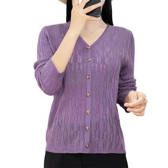 Generic Pull en laine m&eacute;lang&eacute;e &agrave; col en V pour femme - Cardigan d&eacute;contract&eacute; en tricot &agrave; manches longues, violet, Taille XL