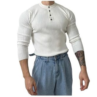 Generic T-shirt pour homme - Pull en tricot polyvalent &agrave; manches longues avec coupe ajust&eacute;e et col pour homme, Blanc., XXL