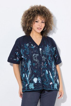 Ulla Popken Druckbluse Bluse Stickerei Oversized V-Ausschnitt Halbarm
