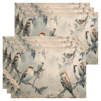 Generic Platzsets mit V&ouml;geln und Blumen, Vintage-Stil, Shabby-Chic-Stil, f&uuml;r den Esstisch, Fr&uuml;hling, saisonal, rutschfest, waschbar, f&uuml;r drinnen und drau&szlig;en, 