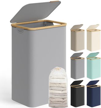 Songmics Wäschekorb mit Deckel, Wäschesammler 90 L, herausnehmbarer Wäschesack, Oxford-Gewebe, Griffe aus Bambus, zusammenklappbar, 42 x 32 x 70,5 cm, taubengr