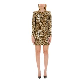 Moschino Femme, Robes, Brun, Taille: 36 FR Abito Stampa All Over Leopardo su Gabardina di Viscosa