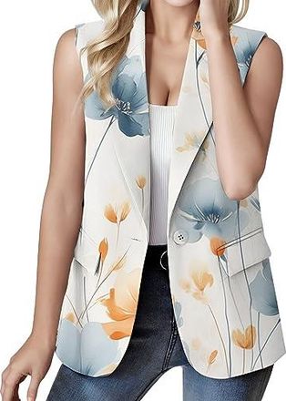 Generic Vestes pour femmes 2026 avec poche avant boutonn&eacute;e et sans manches &agrave; motif floral, bleu, S