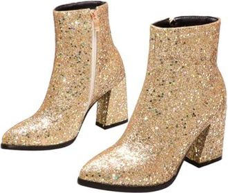 BESPORTBLE Abaodam Courtes Femme &agrave; Talon Haut Paillet&eacute; Dor&eacute; Bottines &agrave; Bout Effil&eacute; avec Fermeture &Eacute;clair Lat&eacute;rale Semelle Antid&eacute;rapante R&eacute;sistante Style Mode Aut
