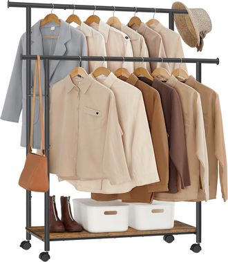 Songmics Kleiderständer auf Rollen, Kleiderstange mit Ablage, 2 Stangen, Garderobenstange, 98,5 cm breit, insgesamt bis 100 kg belastbar, Stahlrahmen, vintageb