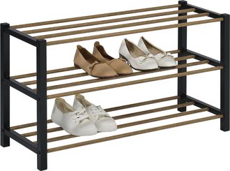 IDIMEX Schuhregal Waterford mit 3 Böden, Schuhaufbewahrung in schwarz aus Metall, Schuhablage mit Holzdecor aus PVC