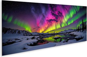 Islandburner Bild auf Leinwand Aurora Borealis Nordlicht Himmel &Uuml;ber Berge Bilder Wandbilder Poster JDKA-Pano