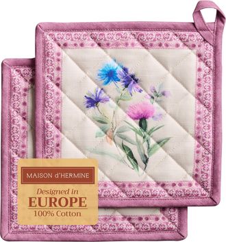 Maison d'Hermine Topflappen, 100% Baumwolle, hitzebest&auml;ndig, Set mit 2 Hotpads mit Schleife zum Backen, Grillen, Mikrowelle, Umgang mit hei&szlig;en Pfannen, Chardon - Fr&uuml;hl