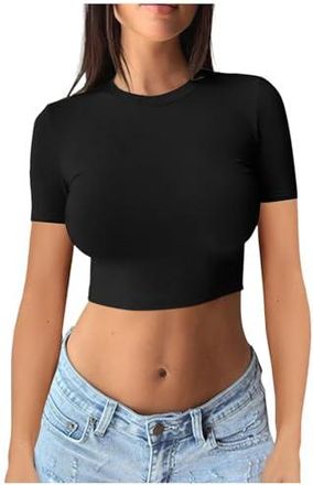 Generic Haut court d&eacute;t&eacute; &agrave; col rond pour femme - Joli t-shirt court athl&eacute;tique ample tendance &agrave; manches longues - Coupe ample - Couleur unie - Mignon - Tendanc
