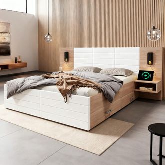 Generic Bettanlage mit USB-Ladekopfteil und 2 Schubladen, 140x200 cm Doppelbett aus Holz in Eiche/Wei&szlig;, inklusive 2 Nachtkommoden und Lattenrost, 215x80x207 c
