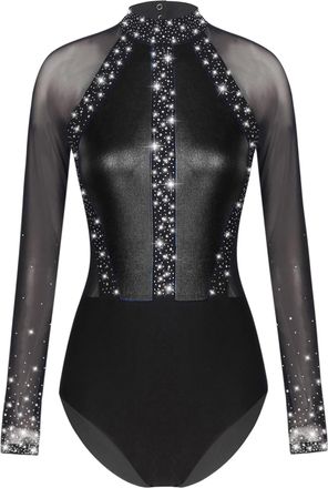 TiaoBug Damen Metallic Gymnastikanzug Langarm Turnanzug Mesh Spleiß Tanz-Body Ballett Trikot Eiskunstlauf Overall Jumpsuit Schwarz B XXL