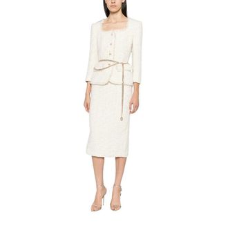 Self Portrait Femme, Robes, Beige, Taille: 38 FR Robe mi-longue en maille avec empi&egrave;cement en denim