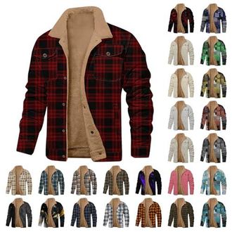 Generic Veste dhiver en flanelle sherpa doublée de polaire à carreaux à manches longues et revers boutonné pour homme, A04-Bordeaux, 4XL