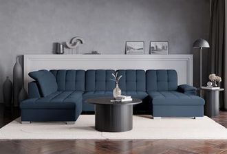 Selsey Ecksofa 330 x 212 cm U-Form Dunkelblau Modular Couch Sofa Mit Schlaffunktion Ottomane Sofa Mit Stauraum/Bettkasten verstellbare Kopfstützen Wasserabwe