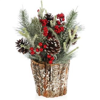 Com-Four Deko-Gesteck Weihnachten - Tolle Tischdeko im Rinden-Topf f&uuml;r die Adventszeit - Kleiner winterlicher Tischschmuck mit roten Beeren, Dekoschnee, Zapfen