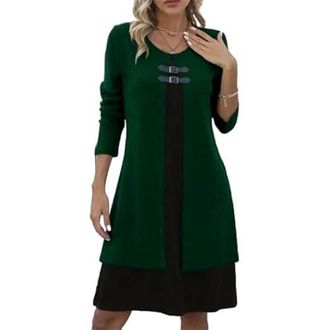 Generic Robe &eacute;vas&eacute;e en tricot c&ocirc;tel&eacute; &agrave; manches longues avec double boucle pour femme - Robe d&eacute;contract&eacute;e &agrave; superpositions pour printemps et automne, vert fonc