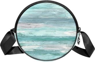 Generic Sac &agrave; bandouli&egrave;re Circle pour femme, motif planches de bois blanc turquoise, petit sac &agrave; bandouli&egrave;re avec fermeture &eacute;clair, bretelles r&eacute;glables, sac &agrave;