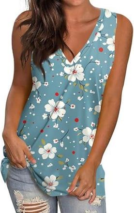 Generic Debardeur Femme Chic et &eacute;l&eacute;gant Col V Chemisier sans Manche Imprimer D&eacute;bardeur Top Ete Haut Chic et Elegant Fluide Ample Caraco Vetement Femme Ete Tee