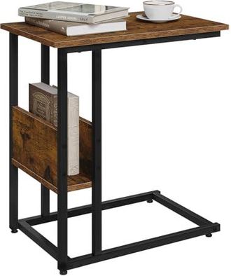 Woltu Table dAppoint en Forme de C, Bout de Canapé, en Bois dIngénierie avec Cadre en Métal, Compartiment de Rangement, Marron Rustique
