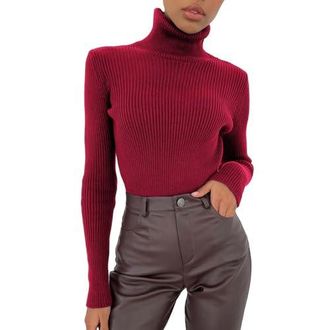Generic Pull pour femme à col roulé - Pull en tricot torsadé côtelé à manches longues - Col haut - Pull pour femme - Automne et hiver - Chaud et extensible, b