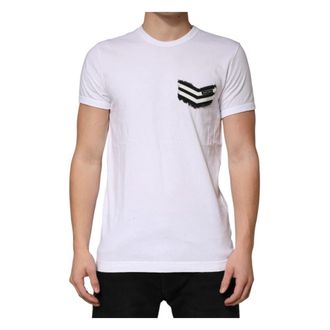 Dolce & Gabbana Gestreiftes Baumwoll-T-Shirt mit Rundhalsausschnitt - - Tops - Herren - Wei&szlig; - XL