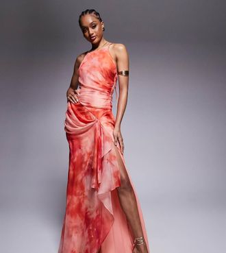 Asos Tall ASOS DESIGN Tall - Robe longue à dos nu et bretelles fines avec jupe drapée et imprimé flou-Multicolore