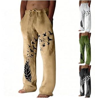 Generic Pantalon d&eacute;t&eacute; pour homme l&eacute;ger en lin : pantalon de loisirs avec cordon de serrage pantalon en lin avec imprim&eacute; pantalon de plage respirant coupe ajus