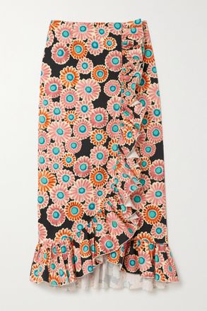 La DoubleJ Cascata Gerüschter Rock Aus Einer Baumwollmischung Mit Wickeleffekt Und Blumenprint - Orange