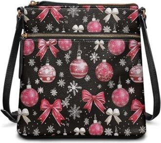 Coloranimal Petit sac &agrave; bandouli&egrave;re pour femme - Sac &agrave; main r&eacute;glable sur le th&egrave;me de No&euml;l - Sacoche zipp&eacute;e, Flocon de neige avec noeud rose