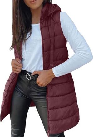 Generic Doudoune sans Manches avec Capuche Femme Longue Doudoune sans Manche Gilet Ultra Chaud L&eacute;g&egrave;re Veste Manteau Parka Blouson Zipp&eacute;e Capuche Gilet Duveteu