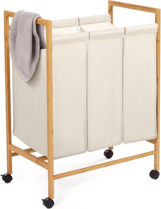 IDMarket Wäschekorb mit 3 Fächern aus Bambus, Rita, Stoff, naturfarben, mit Rollen