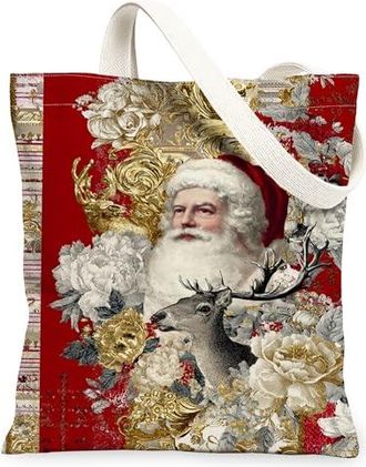 Generic Sacs fourre-tout en toile &agrave; motif floral de No&euml;l, sacs r&eacute;utilisables, l&eacute;gers et lavables avec bandouli&egrave;re pour voyage, 33 x 38 cm