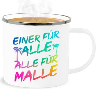 Shirtracer Emaille Becher Blechbecher - Urlaub Tassen - Einer für alle Alle für Malle I Mallorca Party I Malle für alle - 300 ml - Weiß Silber - reise tasse sprü