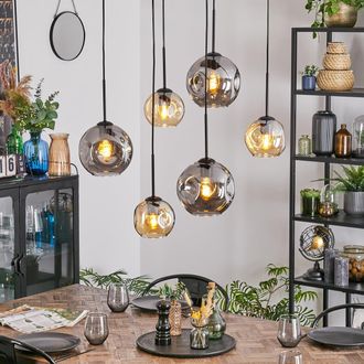 HOFSTEIN Hängeleuchte Ripoll, 6-flammige Hängelampe aus Metall/Glas in Schwarz/Rauch/Bernstein, moderne Pendelleuchte im Retro/Vintage-Design (Schirme 15; 20 c