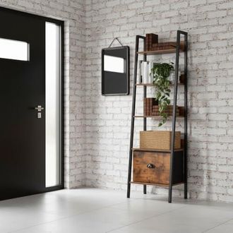 Furniture R Moderner Flur-Kommodenschrank mit Schublade und Regalen, 141x42,5x29cm, Vintage Holzoptik & Metallrahmen, platzsparend für Eingangsbereich