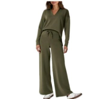 Generic Ensemble de voyage deux pi&egrave;ces, tenue d&eacute;contract&eacute;e &agrave; manches longues, haut polo et pantalon &agrave; jambes larges, ensembles assortis, vert militaire, 3XL