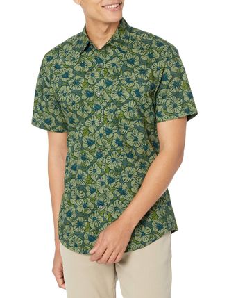 Amazon Essentials Herren Schmal Geschnittenes Bedrucktes Hemd Mit Kurzen Ärmeln Und Knopfleiste, Olivgrün Hibiskusblume, XS