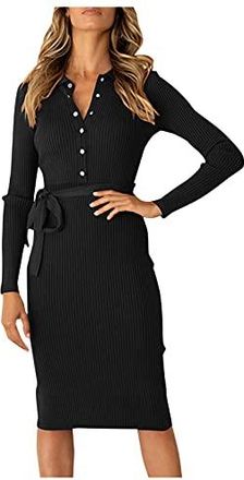 Generic Robe amincissante 2026 pour femme, col en V, couleur unie, manches longues, pull tricot&eacute; avec boutons, Noir, XXL