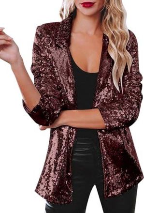 Minetom Femmes Paillettes Blazer Sequin Veste Casual Manches Longues Glitter Party Brillant Clubwear Soirée Cocktail Cérémonie Fête Danse Bal A Vin Rouge XL