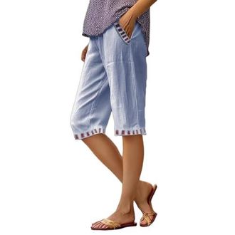 Generic Short en coton et lin pour femme - Longueur genou - Longueur genou - Pantalon de plage - Taille &eacute;lastique - Pantalon court d&eacute;contract&eacute; avec poches - L