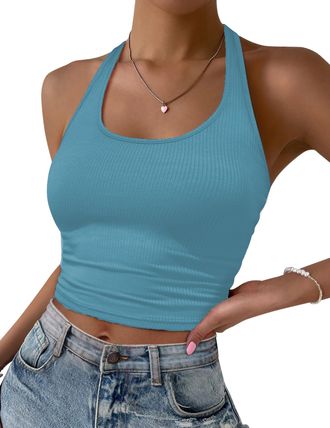Ekouaer Crop Tops Damen Neckholder Top Damen R&uuml;ckenfrei Sommer &Auml;rmellose U-Ausschnitt Oberteil Gestrickt, Hellblau L